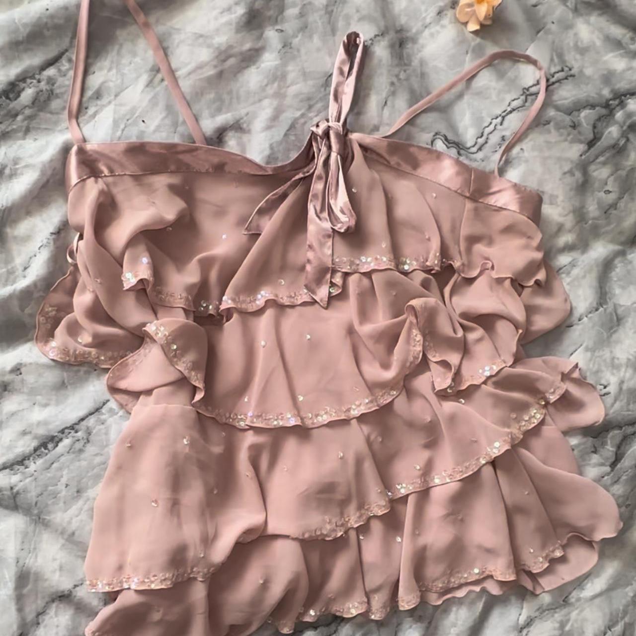Vintage Pink ruffled halter top and skirt set... | Depop