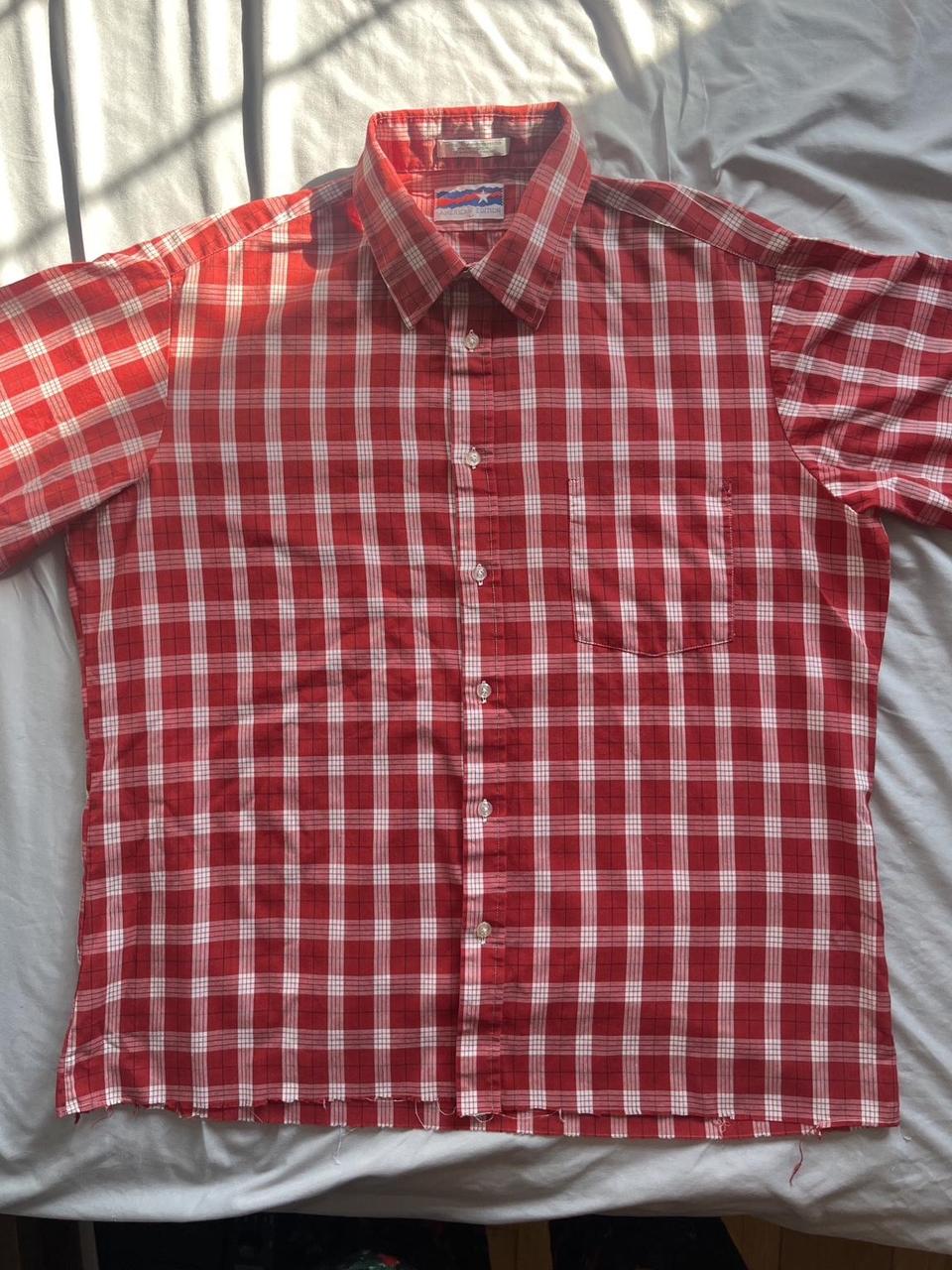 Men’s Vintage Boxy Cropped Red Plaid Collared Shirt... - Depop