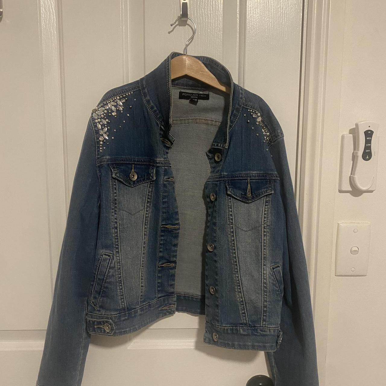 Forever new blue demin jacket with gems and pearls.... - Depop