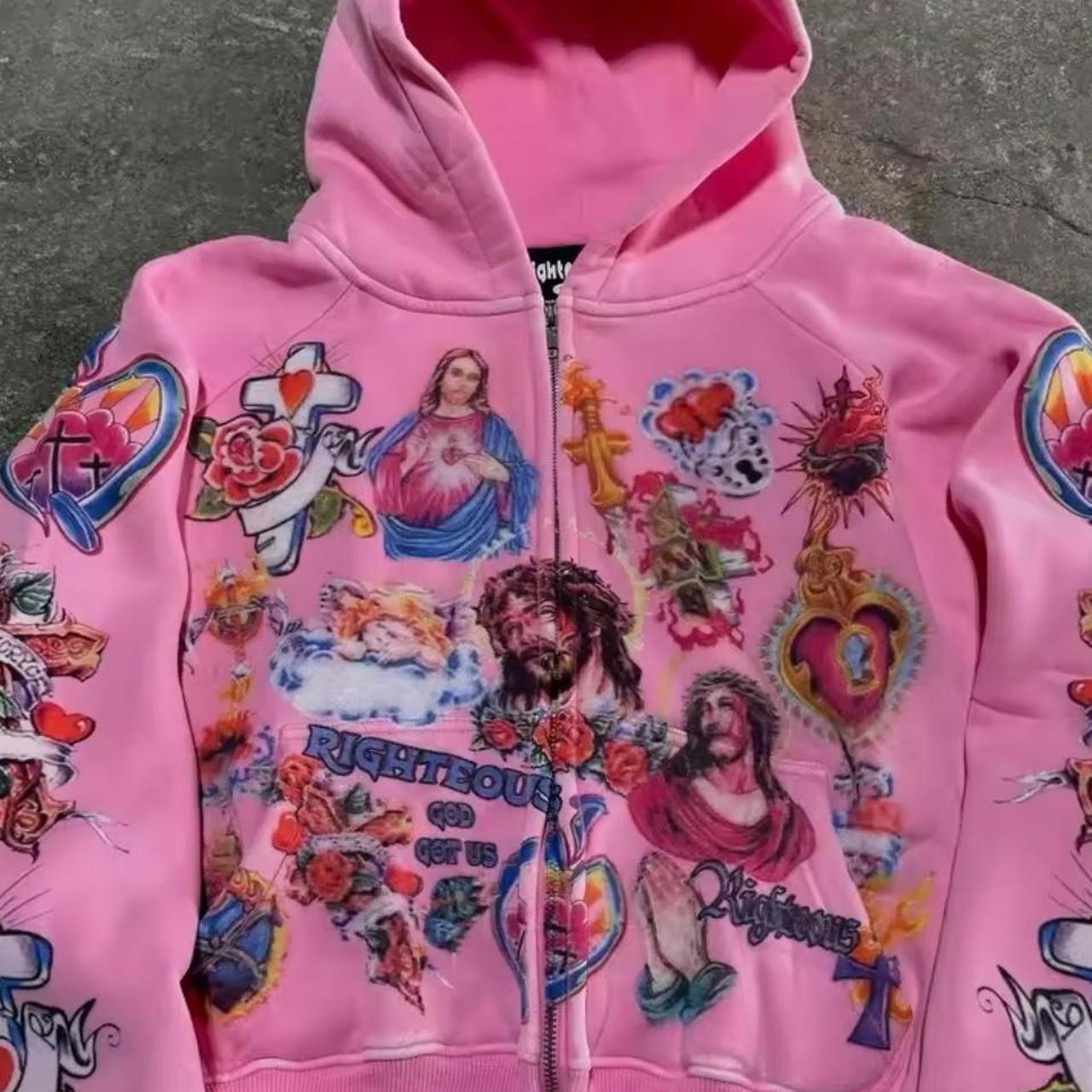 Y2K Streetwear Pink Jesus zip-up hoodie #grunge... | Depop