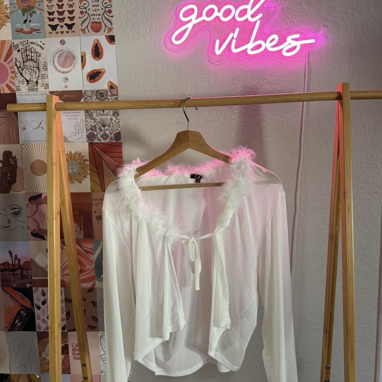 White mesh cardigan with feather trim and tie detail... | Depop