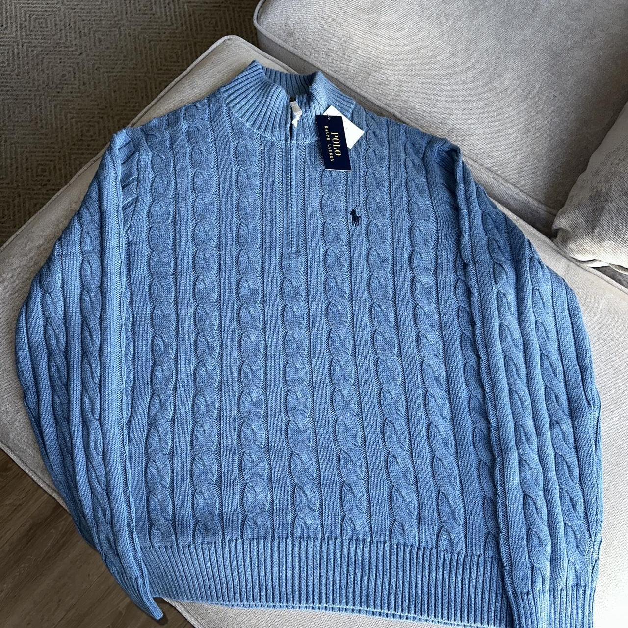 POLO RALPH LAUREN Quarter Zip Cable Knit Blue Roll... | Depop