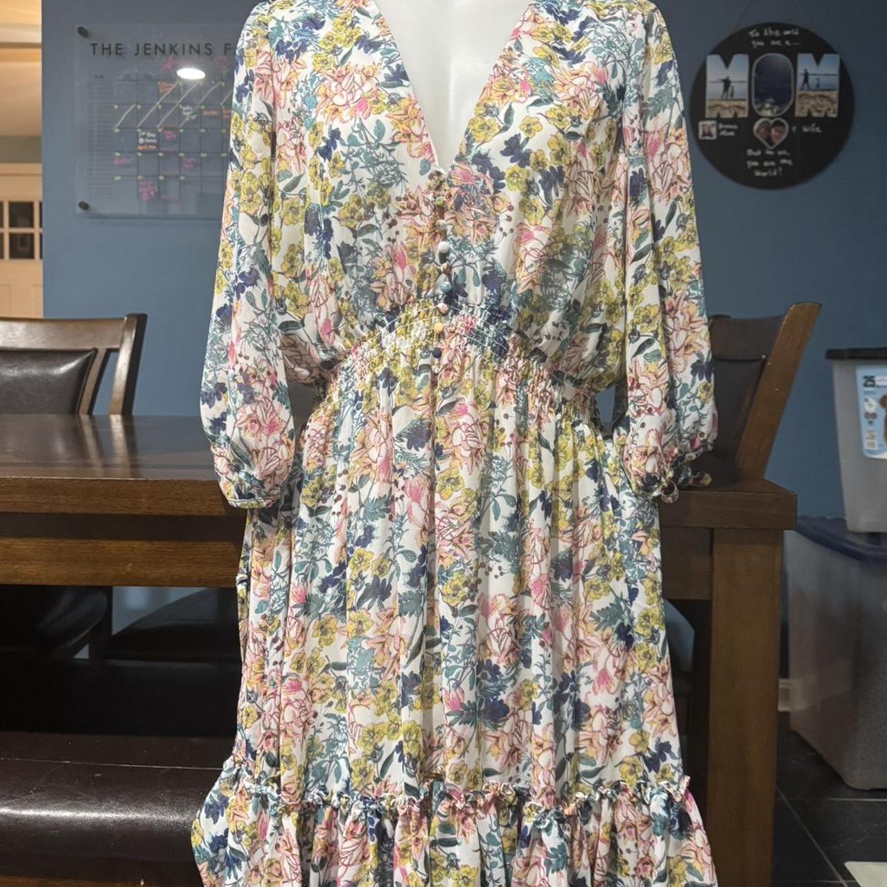 Floral midi dress with long sleeves, V-neckline and... | Depop