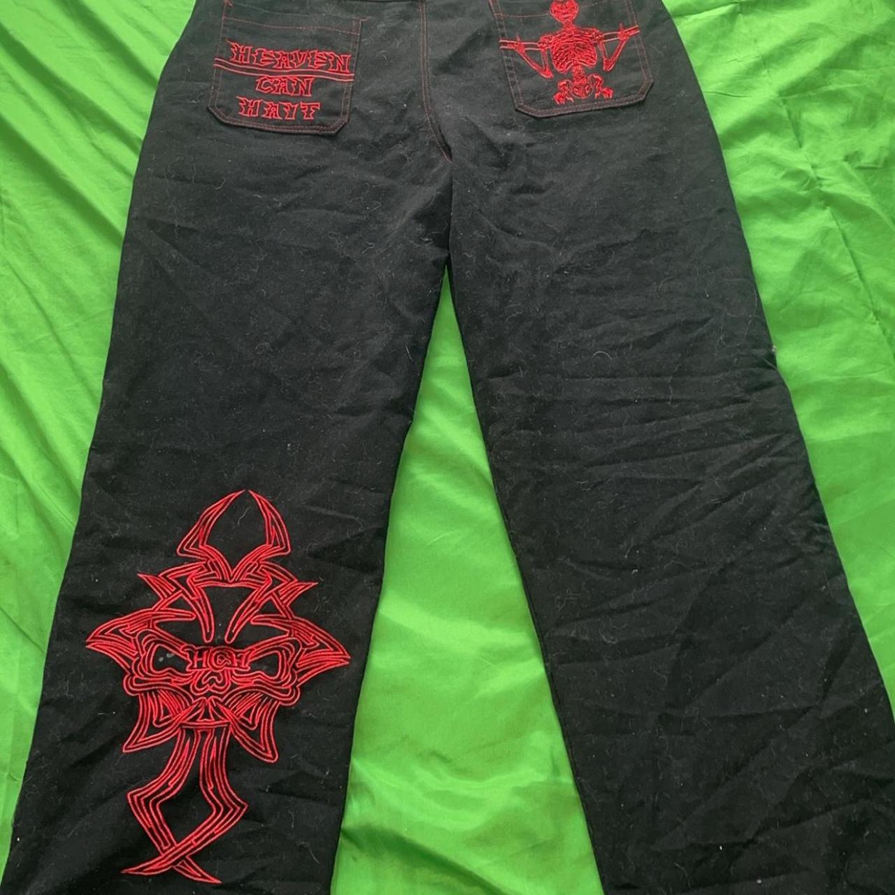 Black and red JNCO style jeans with a skater vibe... | Depop