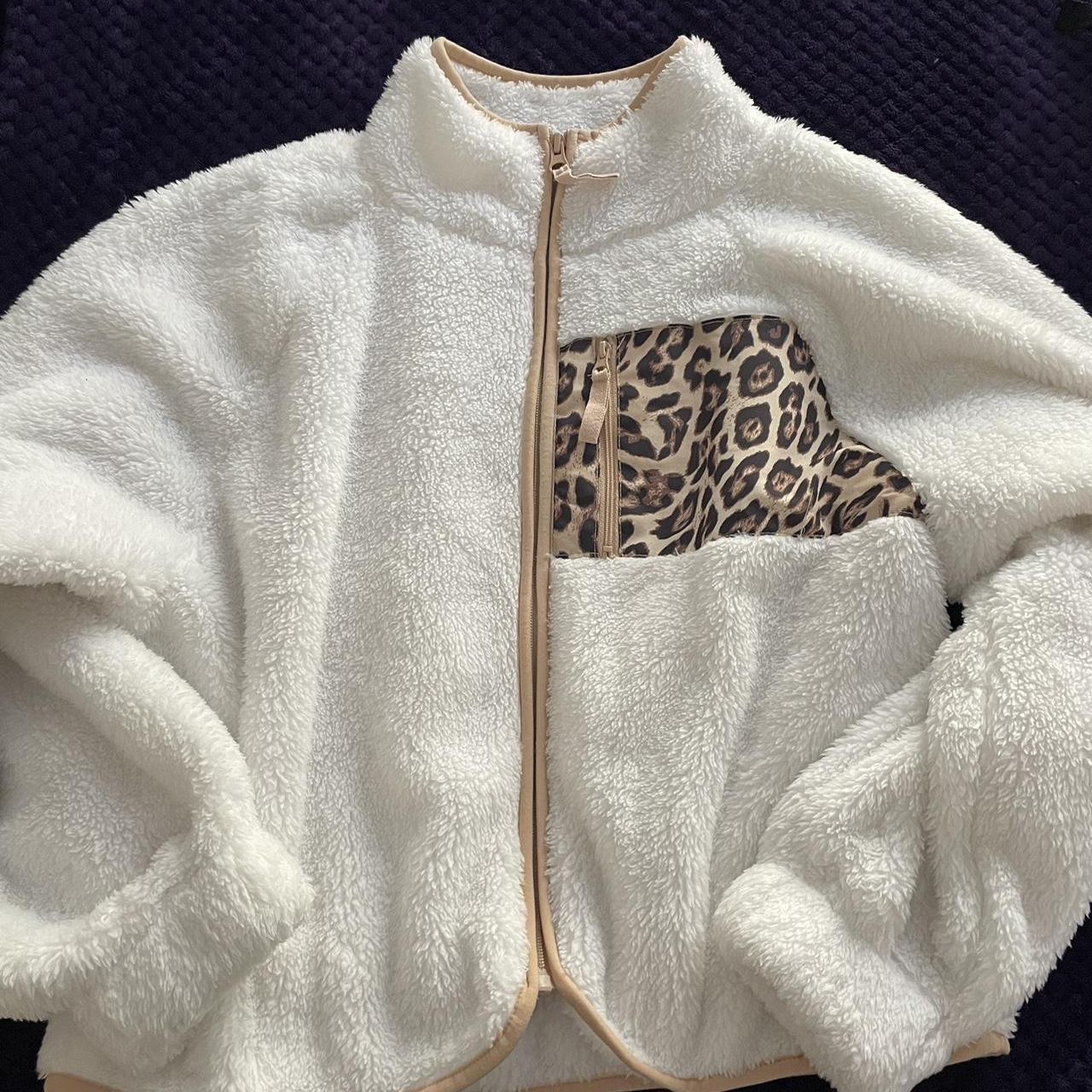 medium fuzzy jacket with printed upper left pocket | Depop