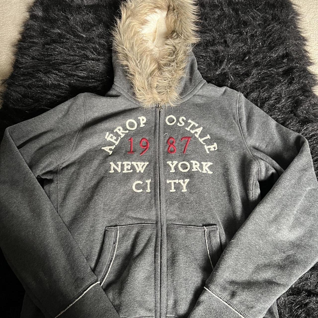 XL grey Aeropostale zip up jacket with faux fur... | Depop