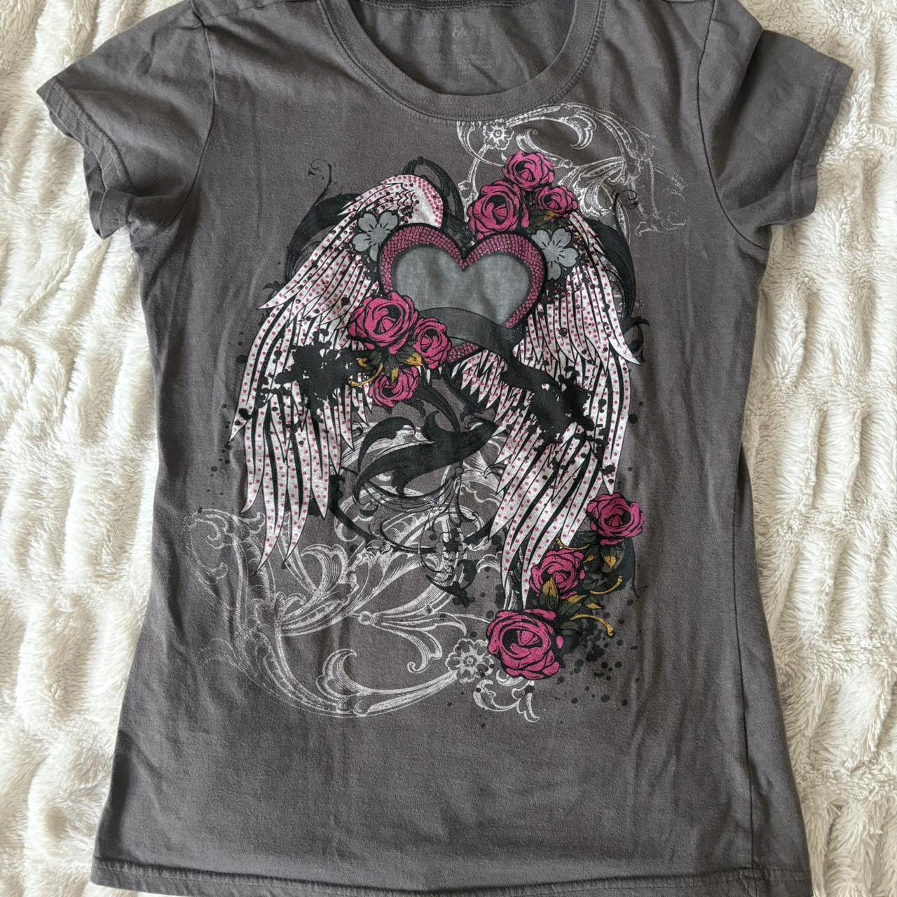 Grey and pink angel wings mcbling graphic tee... | Depop