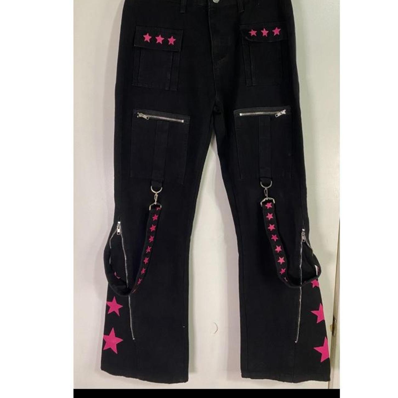 Women’s Black Gothic Punk Pants Pink Star Size... | Depop