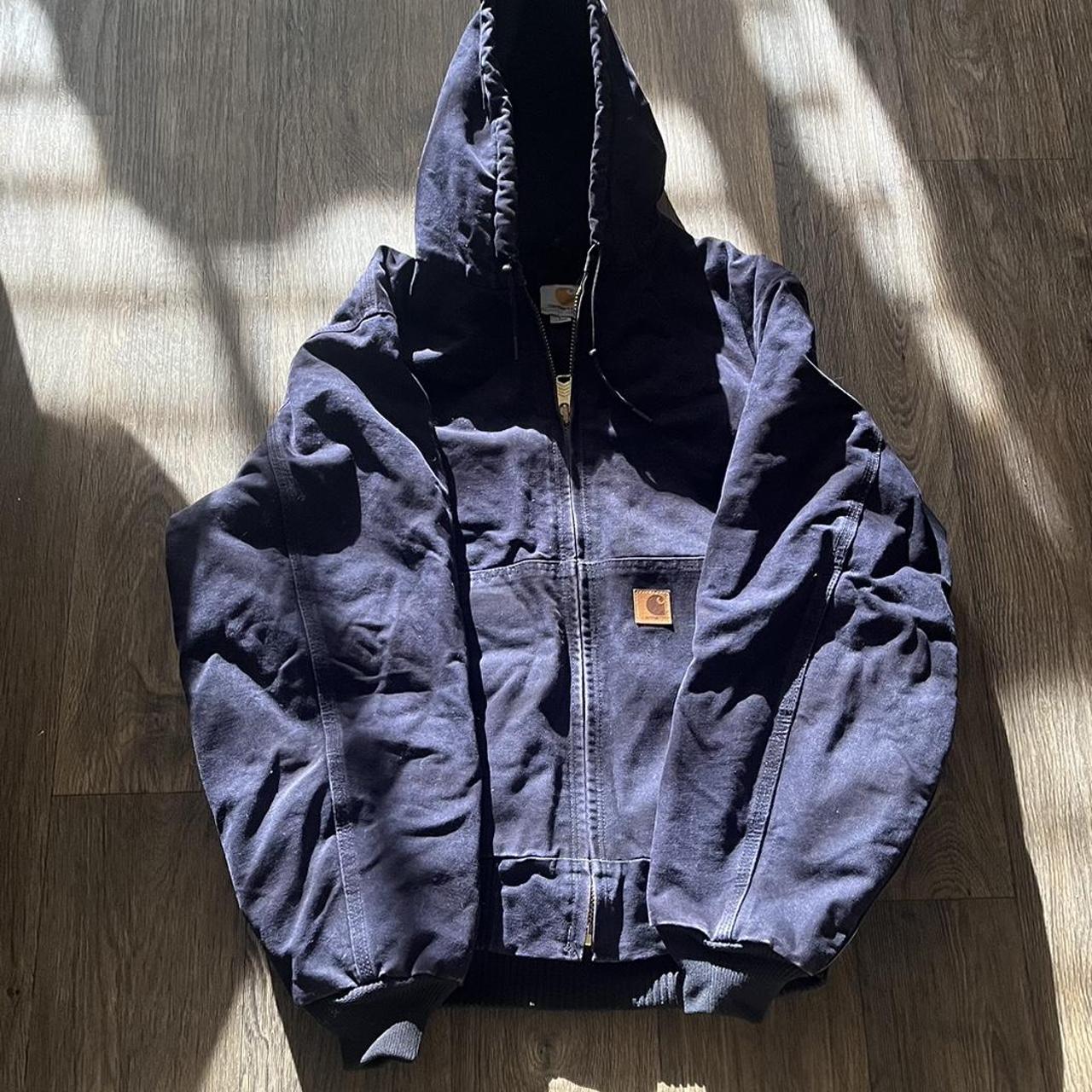 Navy Carhartt jacket with removable hood... | Depop