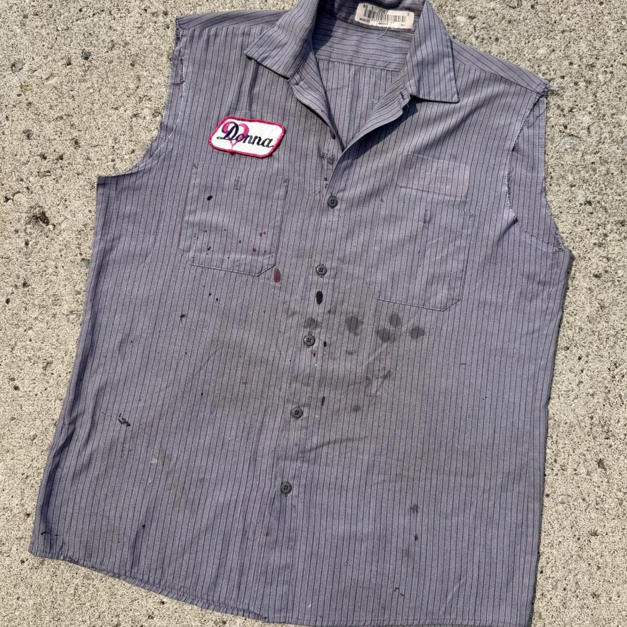 Vintage 1990s Distressed Cut-Off Striped Mechanic... | Depop