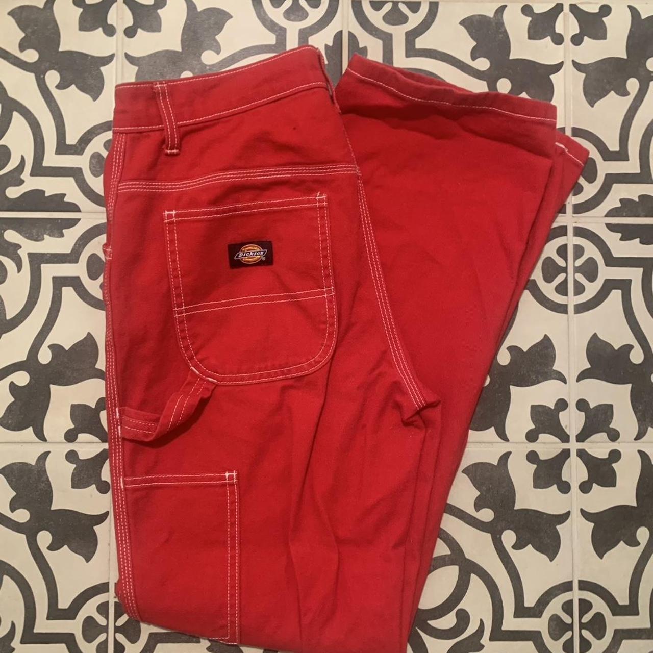 Red Dickies carpenter trousers with white stitching... | Depop