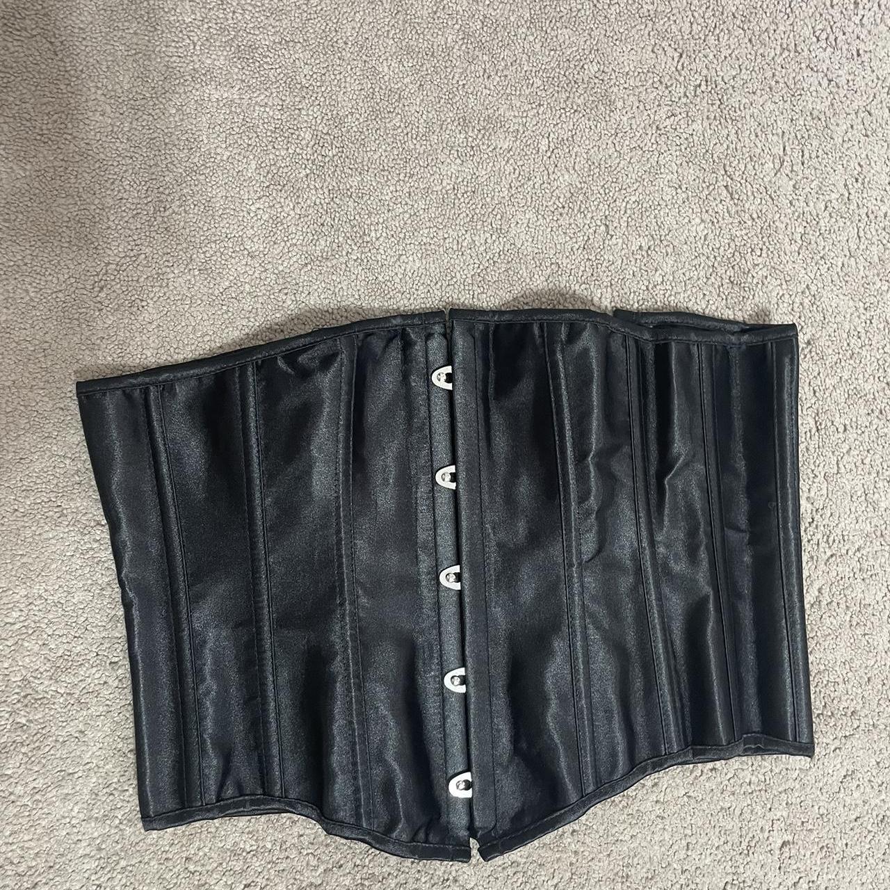 black corset with boning, buttons, and strings tie... - Depop
