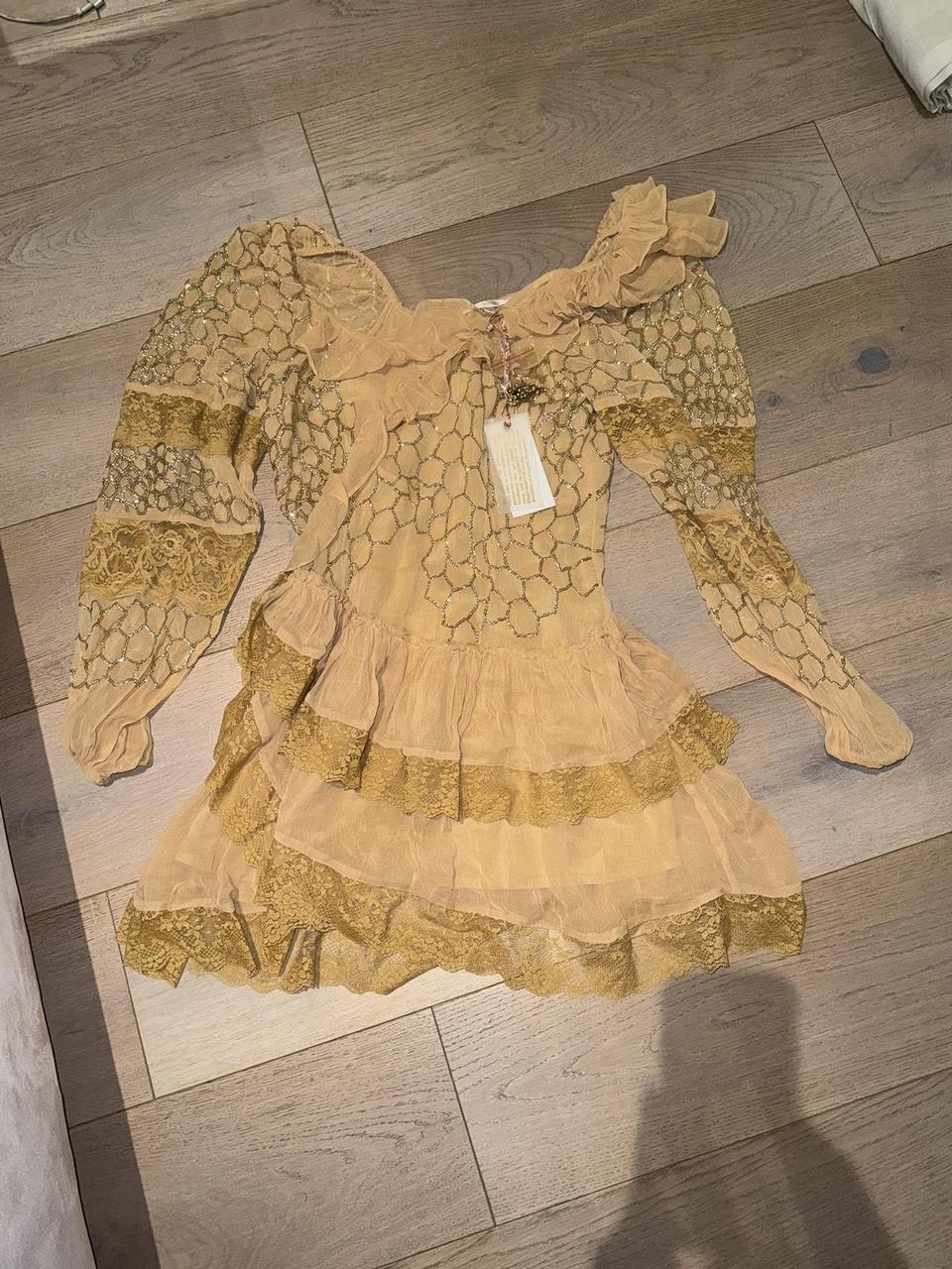 LOVESHACKFANCY Gold mini dress Off shoulder Size US... - Depop