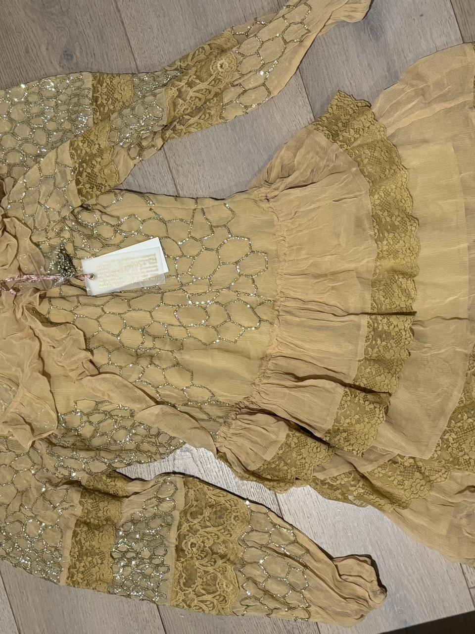 LOVESHACKFANCY Gold mini dress Off shoulder Size US... - Depop