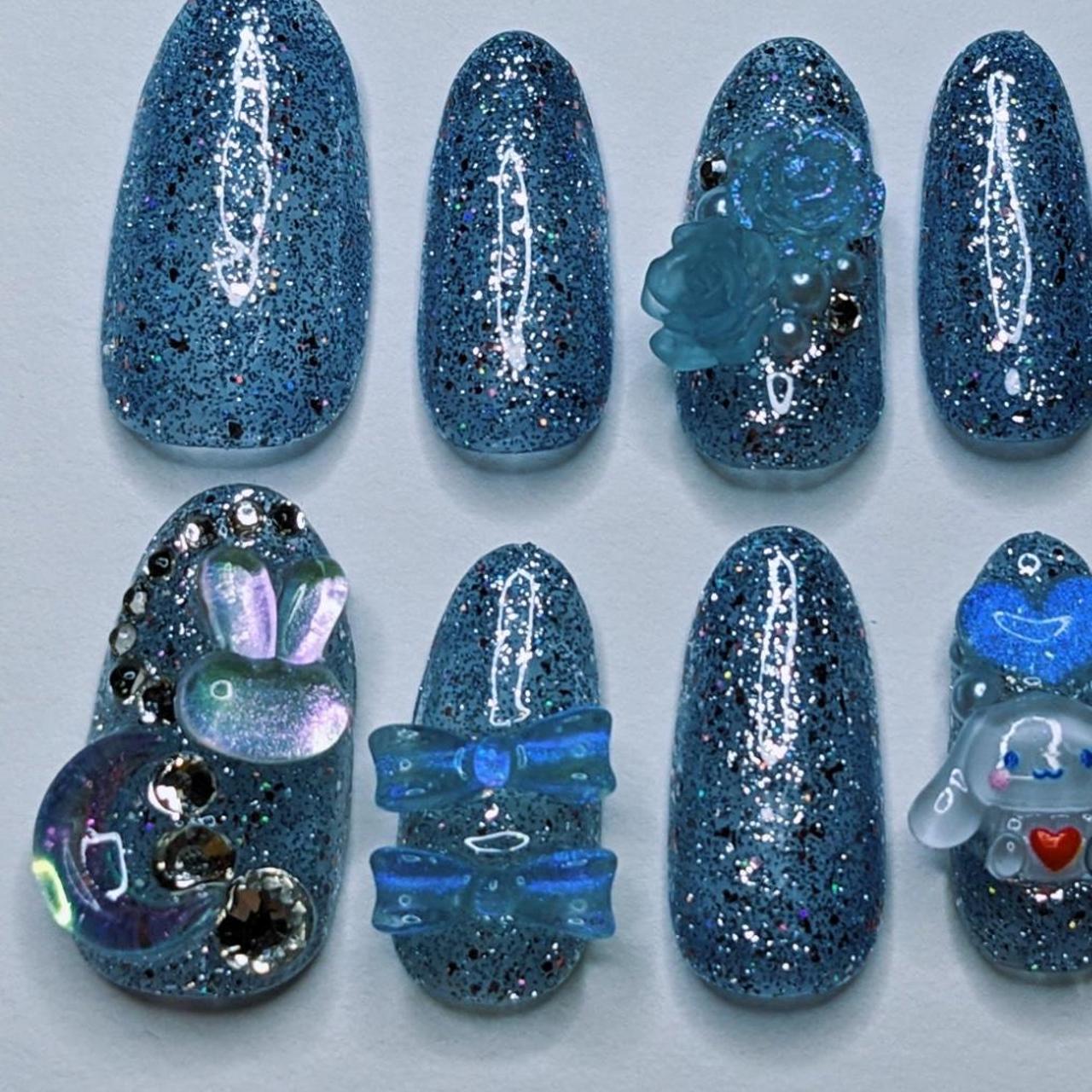 Blue glitter junk nails featuring a cinnamoroll... | Depop