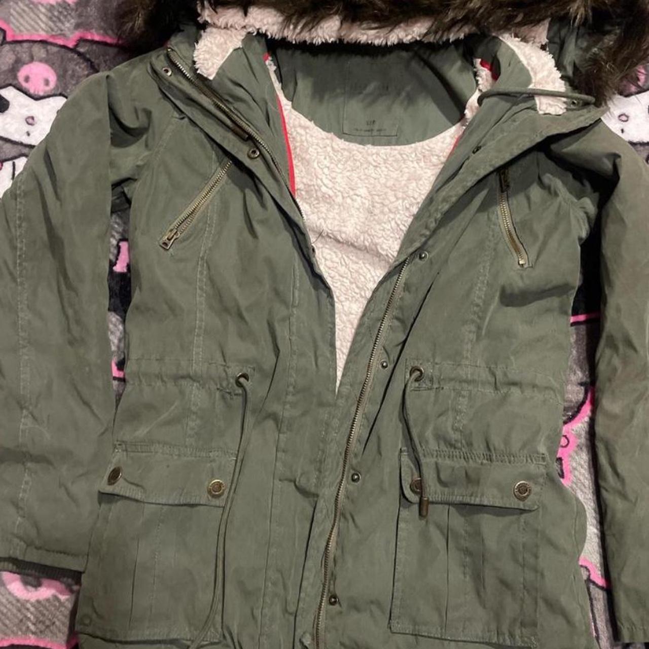 Green and brown sherpa lined parka jacket with faux... | Depop
