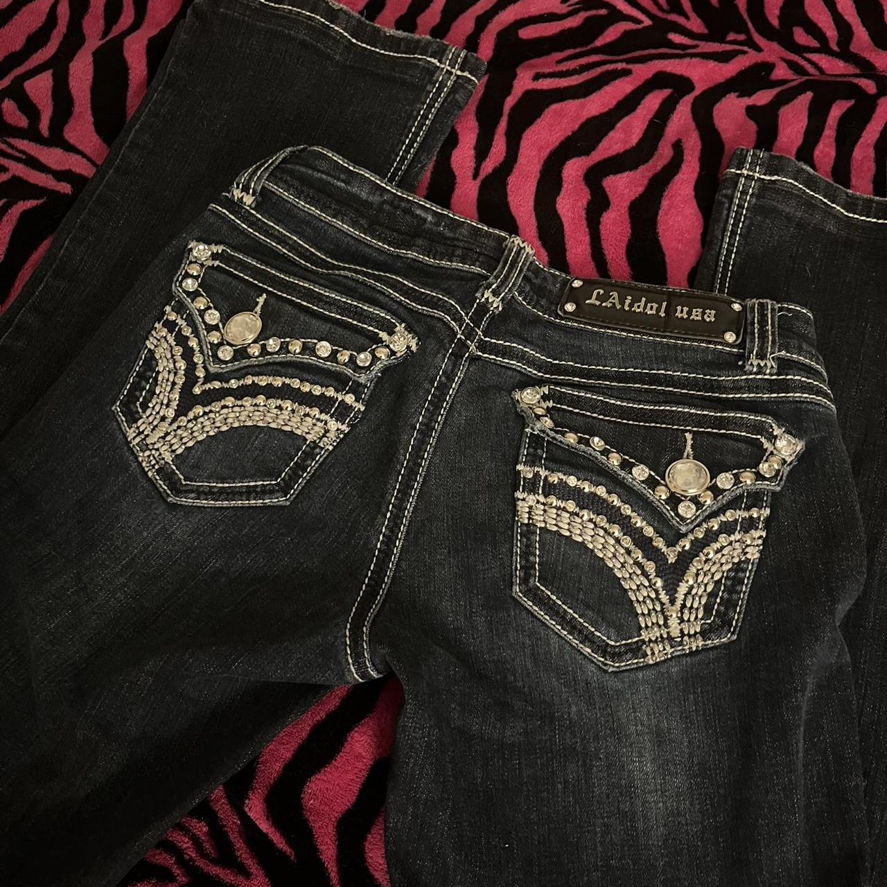 cutest low rise flared jeans with rhinestones on the... | Depop