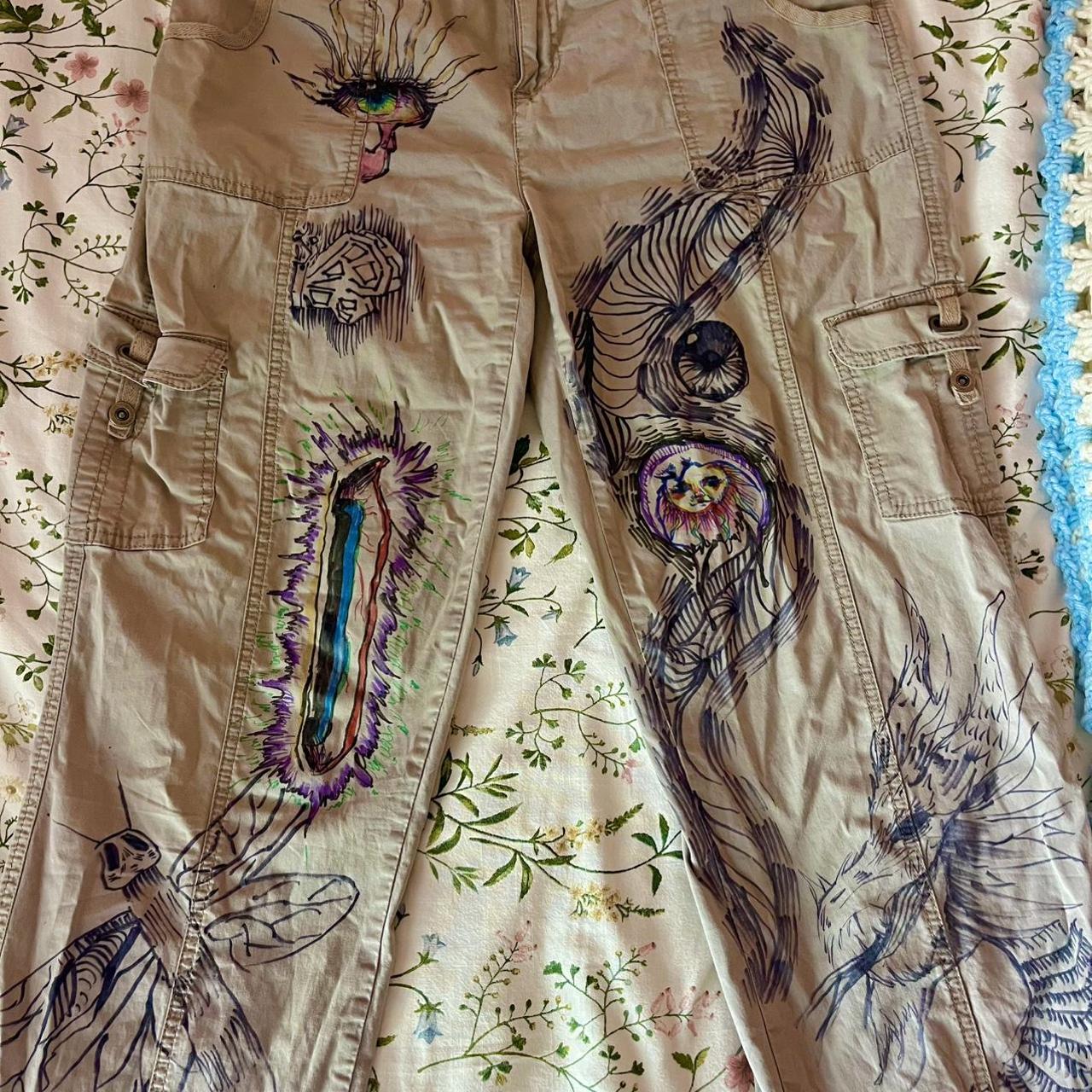 Unique, one of a kind hand-painted cargo pants with... | Depop