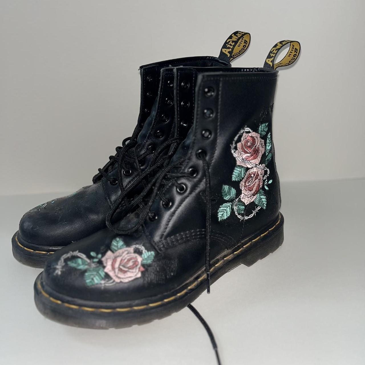 Black Dr. Martens with limited edition pink rose design - Depop