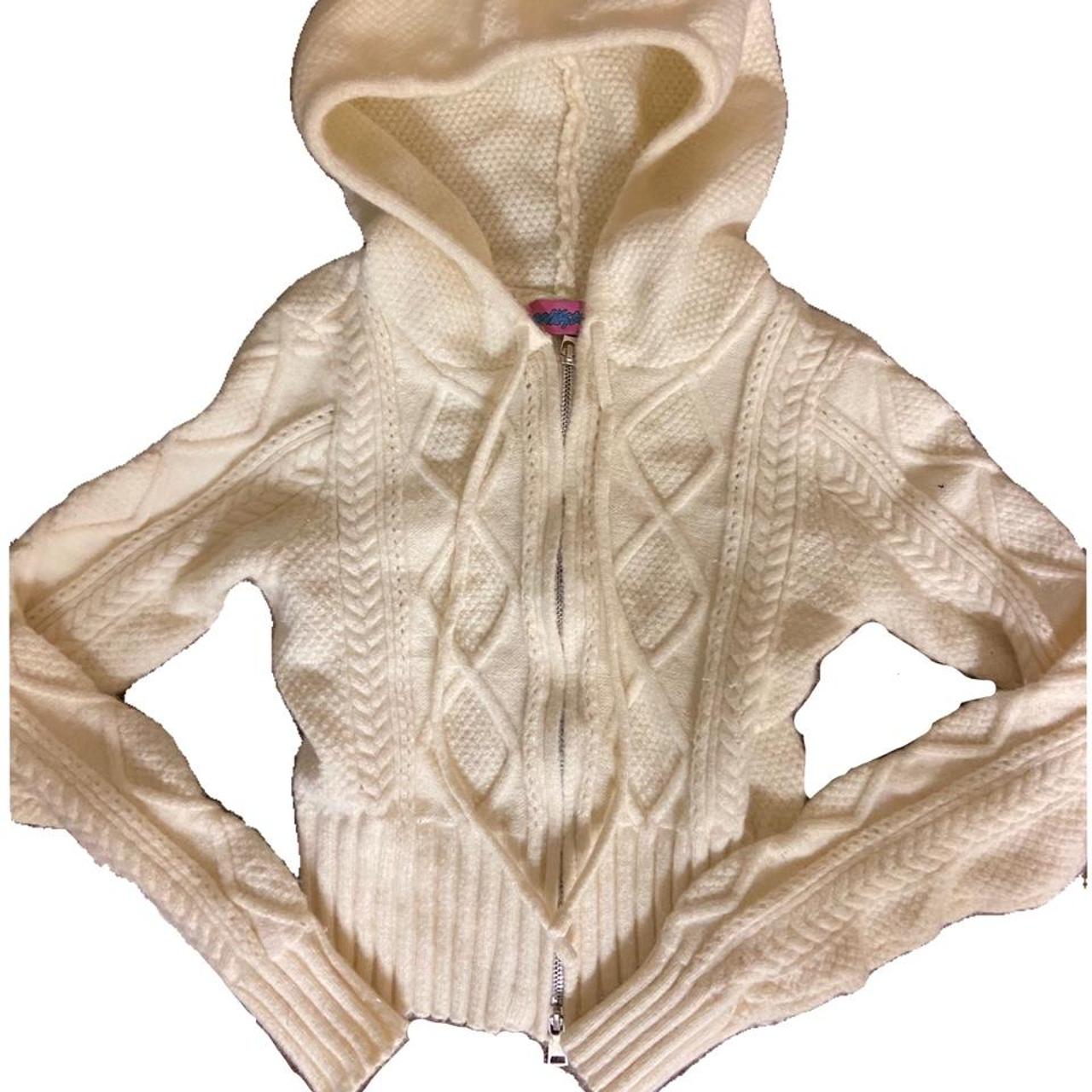 Edikted: “Ray Cable Knit Hooded Cardigan” Color: Cream - Depop