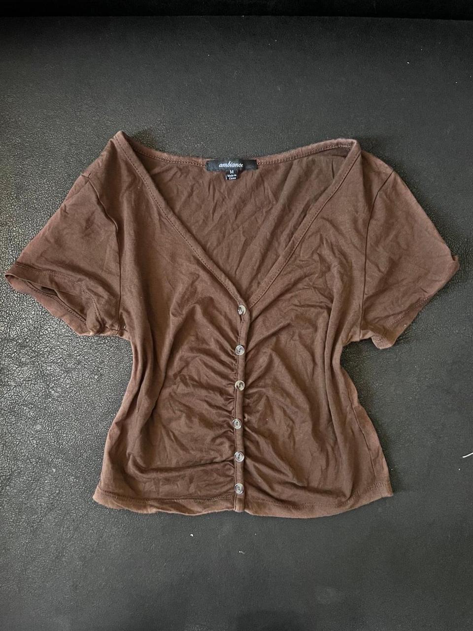 90s brown and tan button up top with a V-neck and... - Depop