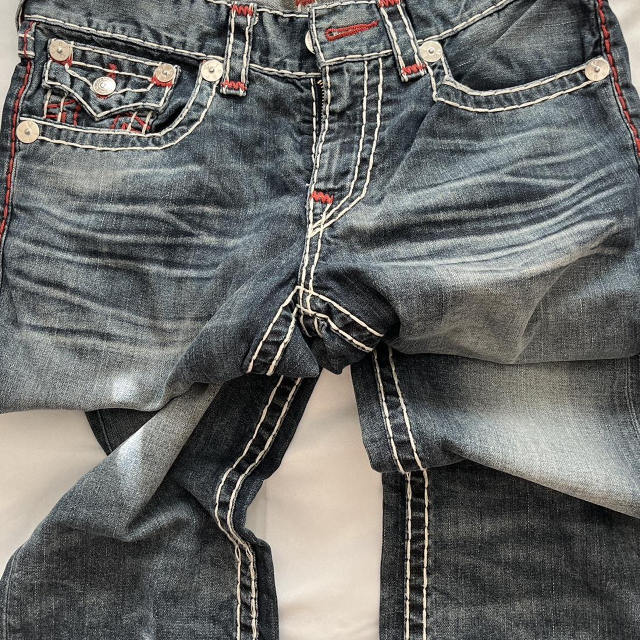 beautiful trueys with red stitching #truereligion... | Depop