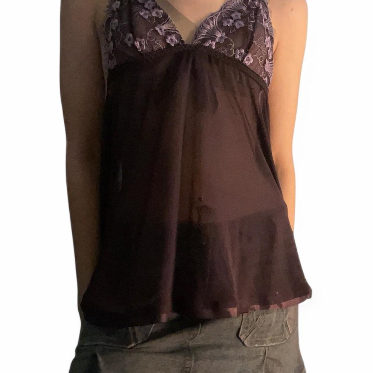 Vintage sheer purple mesh cami with floral... | Depop