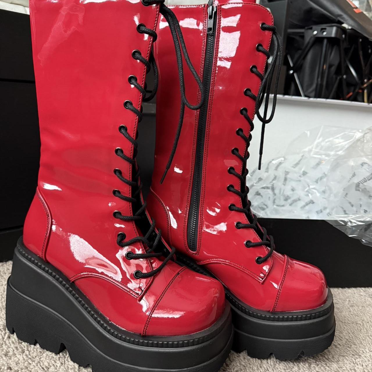 Red patent leather platform boots from demonia... | Depop