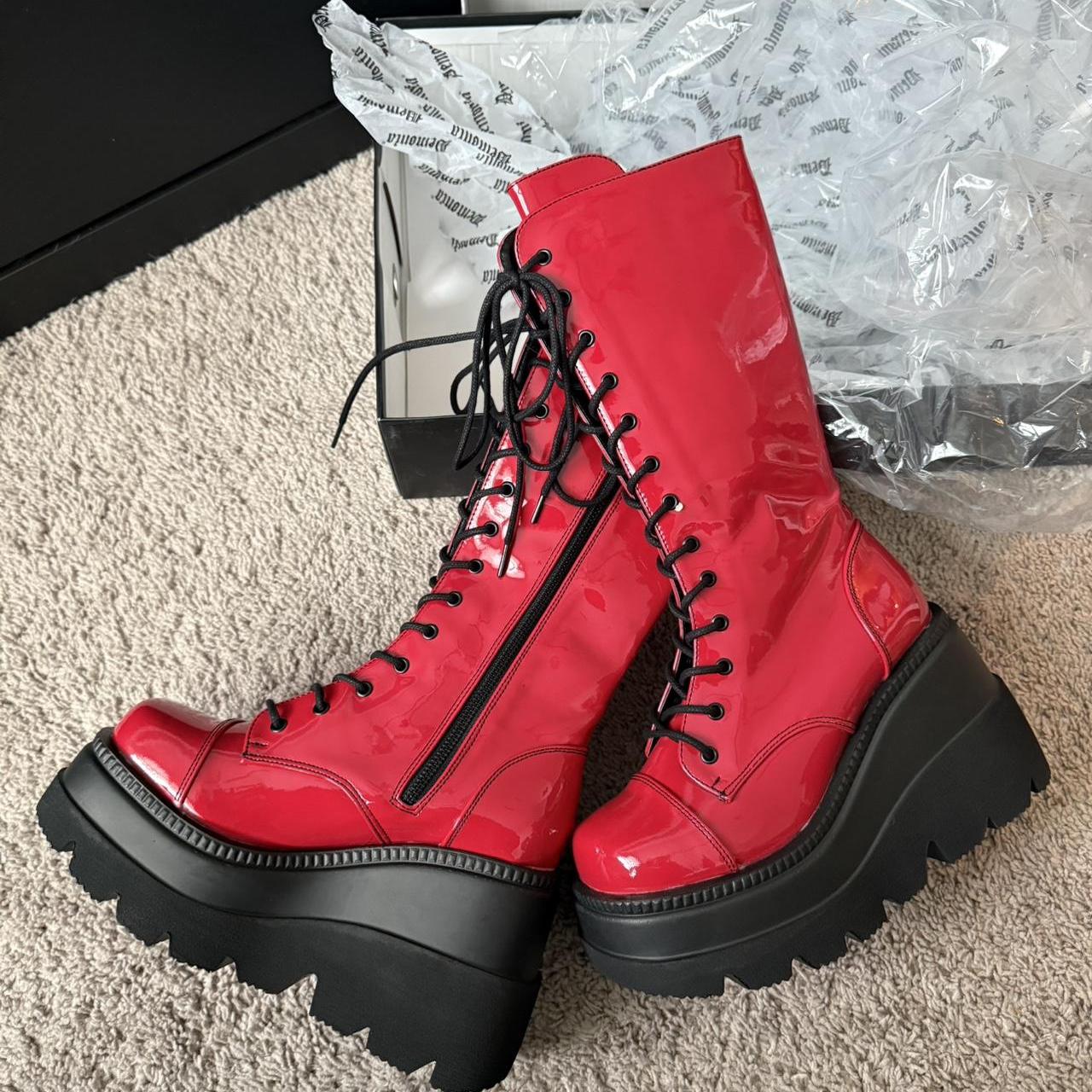 Red patent leather platform boots from demonia... | Depop