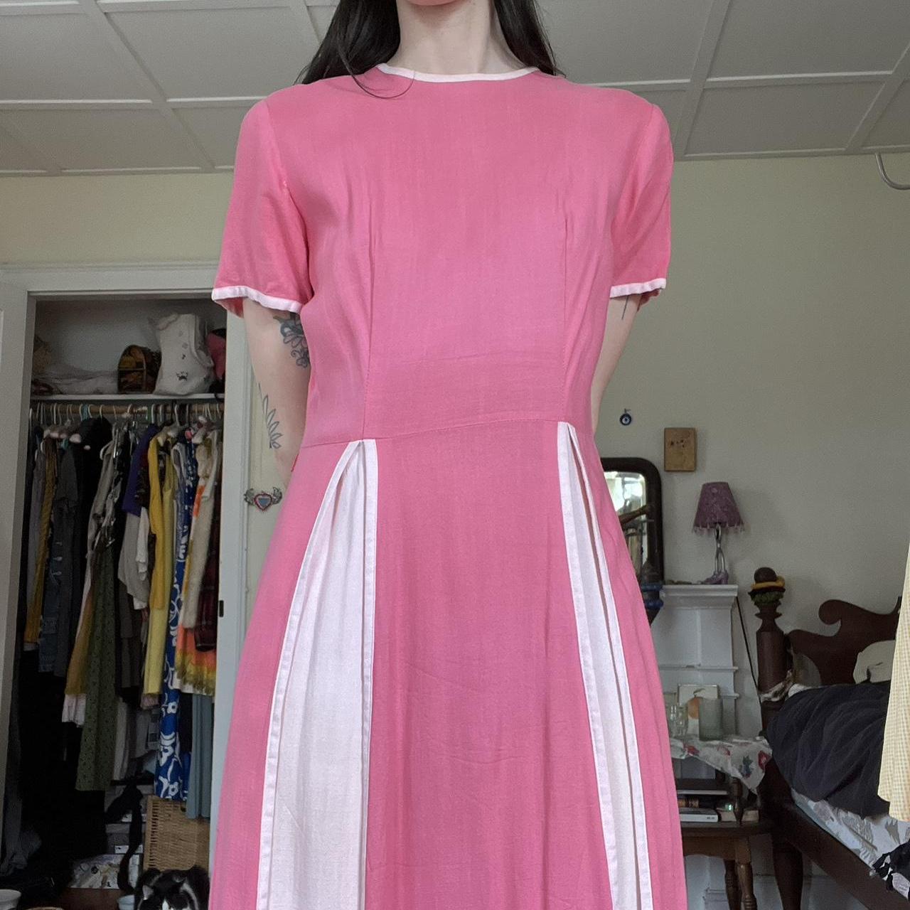 1960s two-tone pink linen midi dress with a retro,... | Depop
