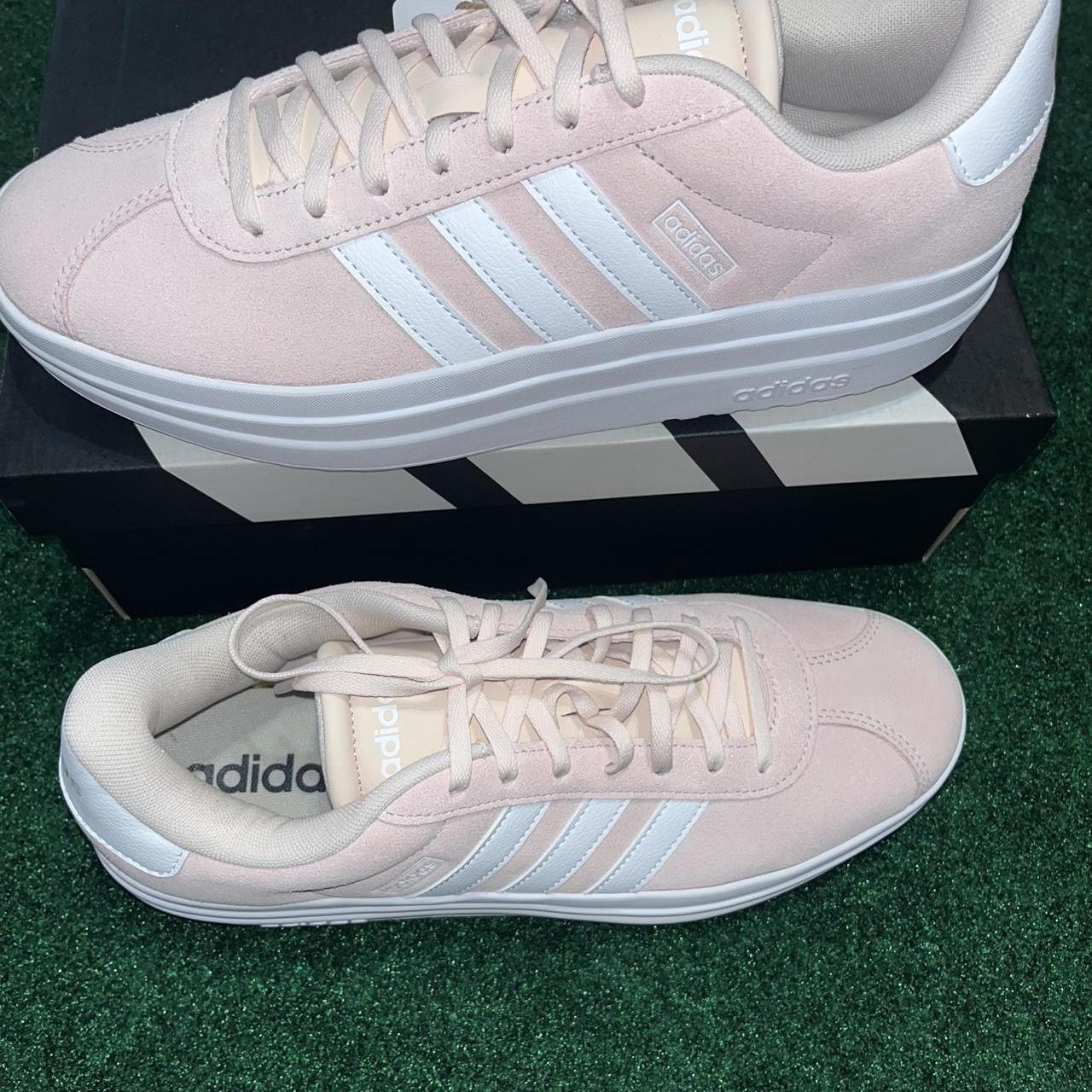 Pink and white Adidas for girls size 11 | Depop
