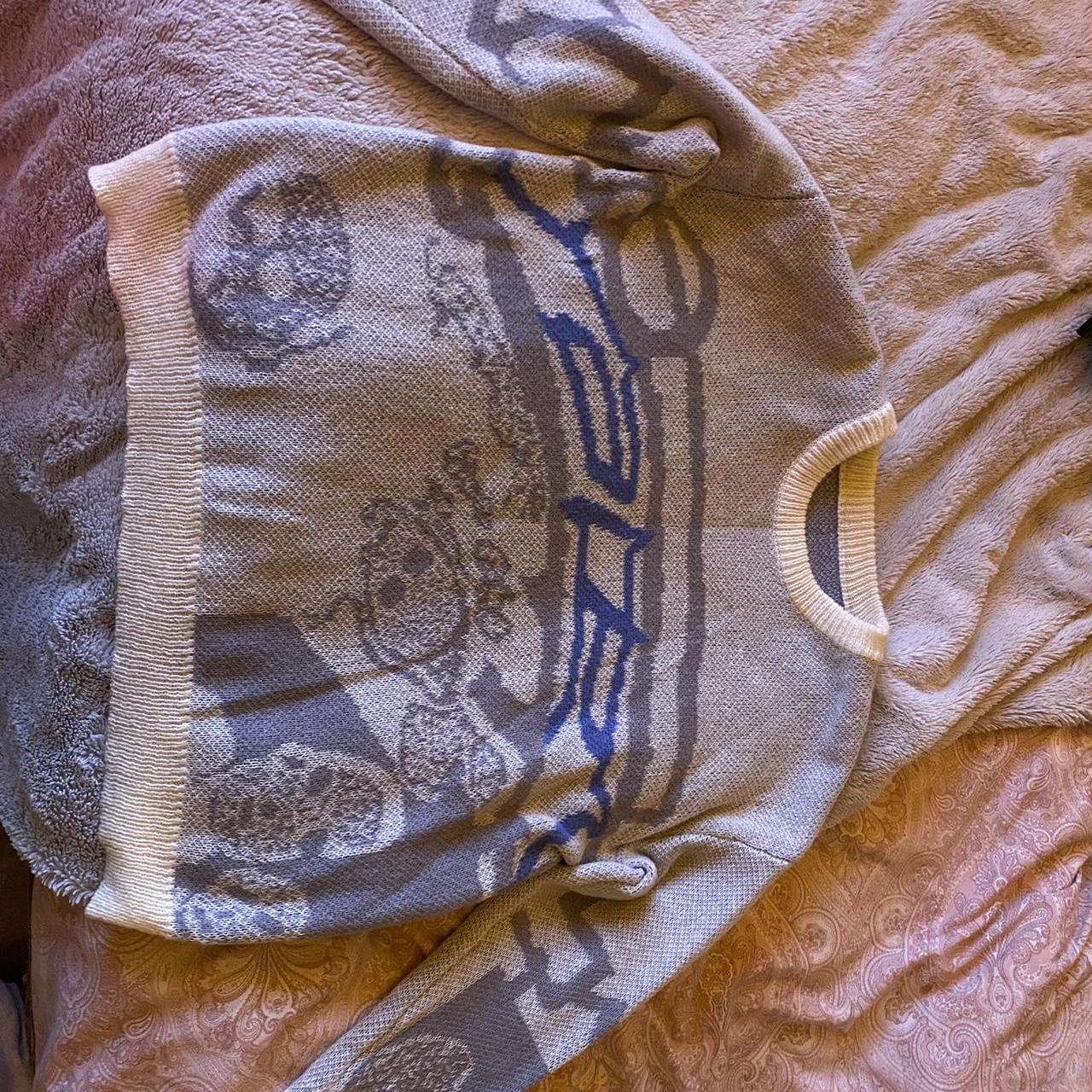 graphic design knitted jumper shades of light blue,... | Depop