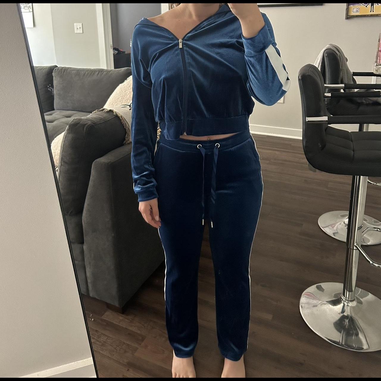 Blue velvet tracksuit with white lines on the side.... | Depop