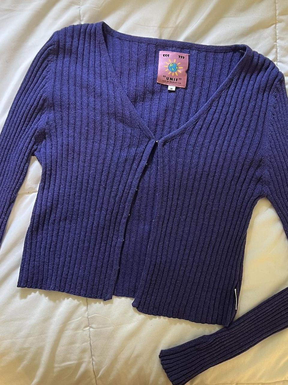 00s UNIF purple ribbed knit eyelet top, fits like... - Depop