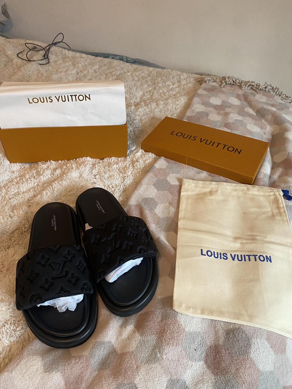 Velcro men’s black lv monogram slides size 12 - Depop
