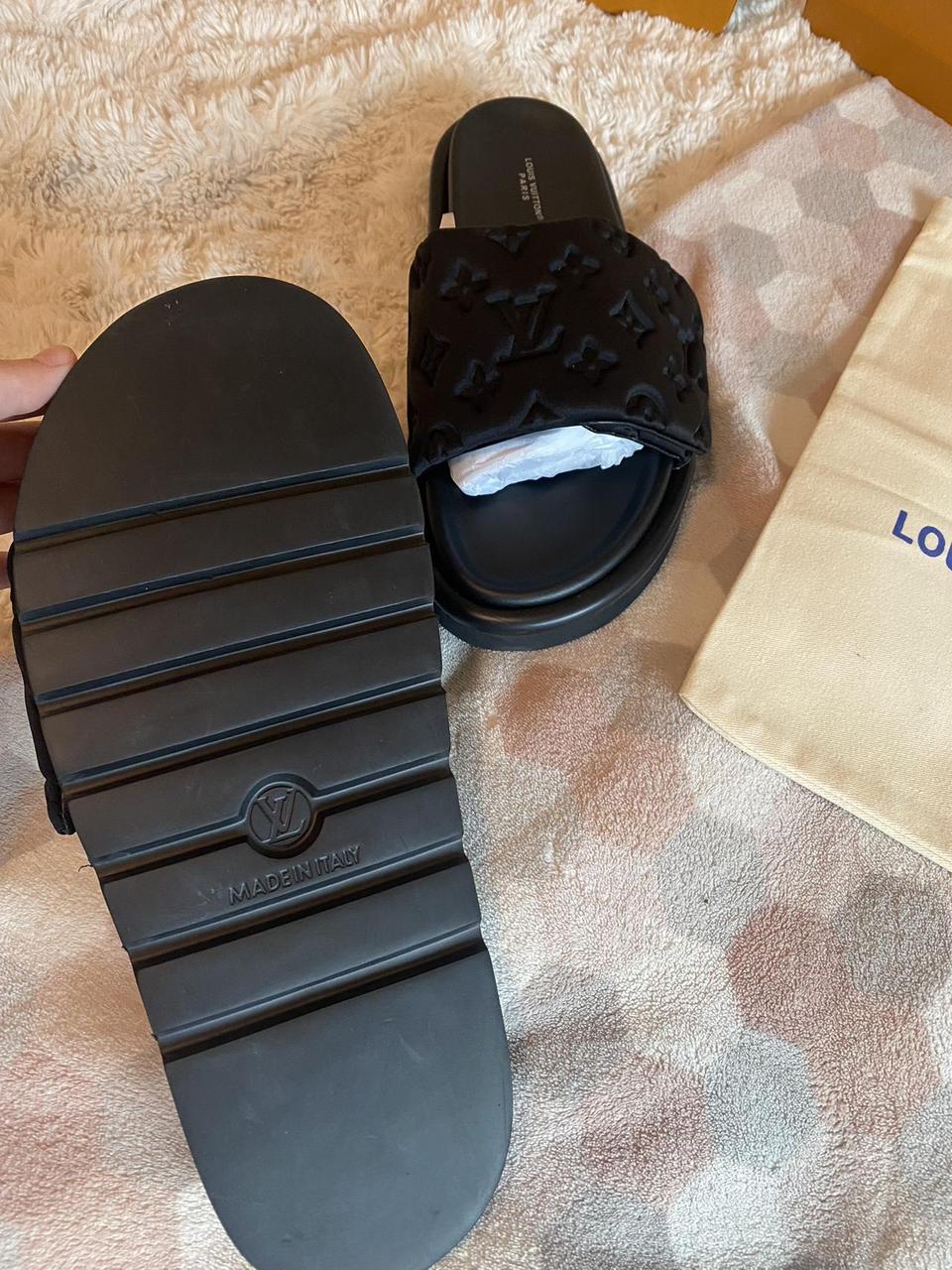 Velcro men’s black lv monogram slides size 12 - Depop