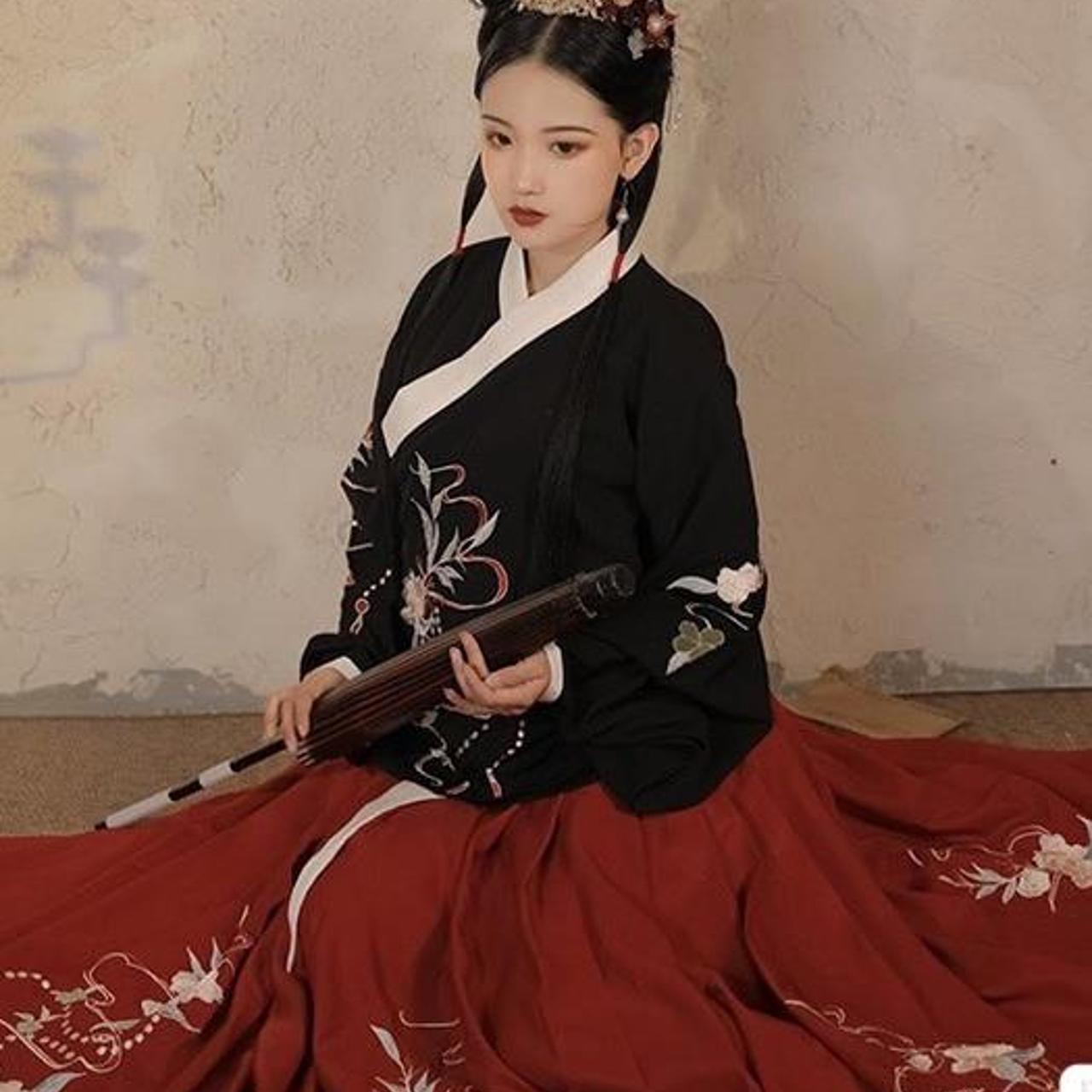 Red and black Chinese Hanbok costume, consists of a... | Depop