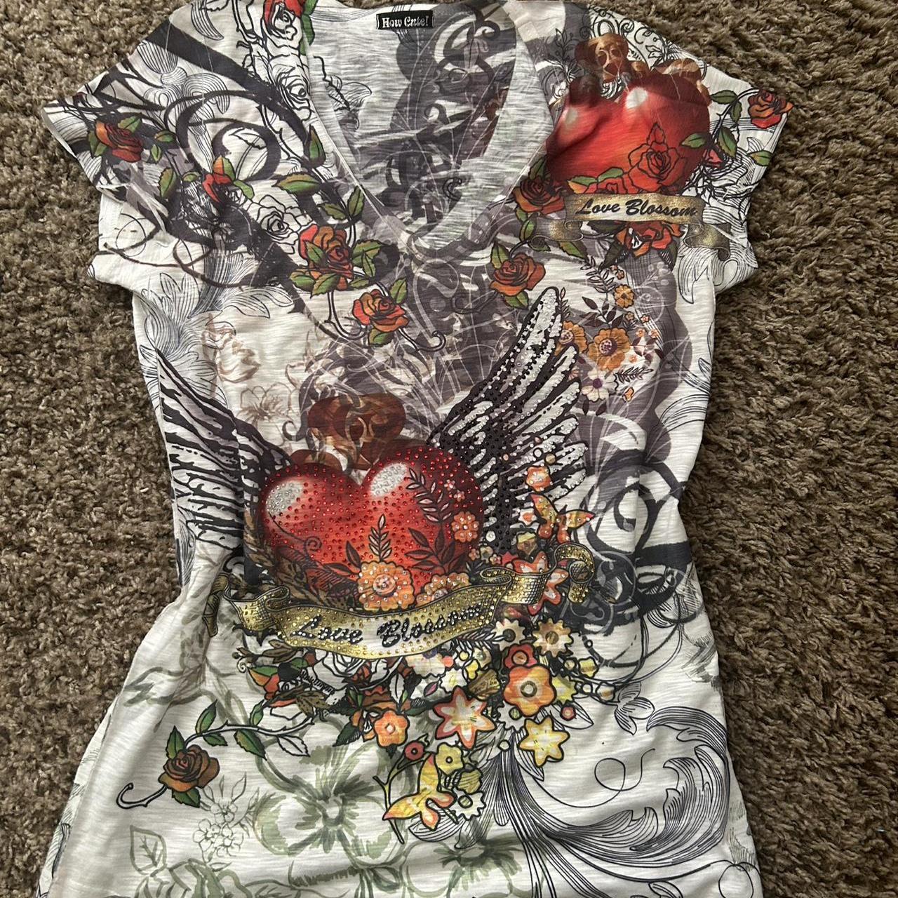SEND OFFERS!! Grey and red Ed Hardy like top... | Depop