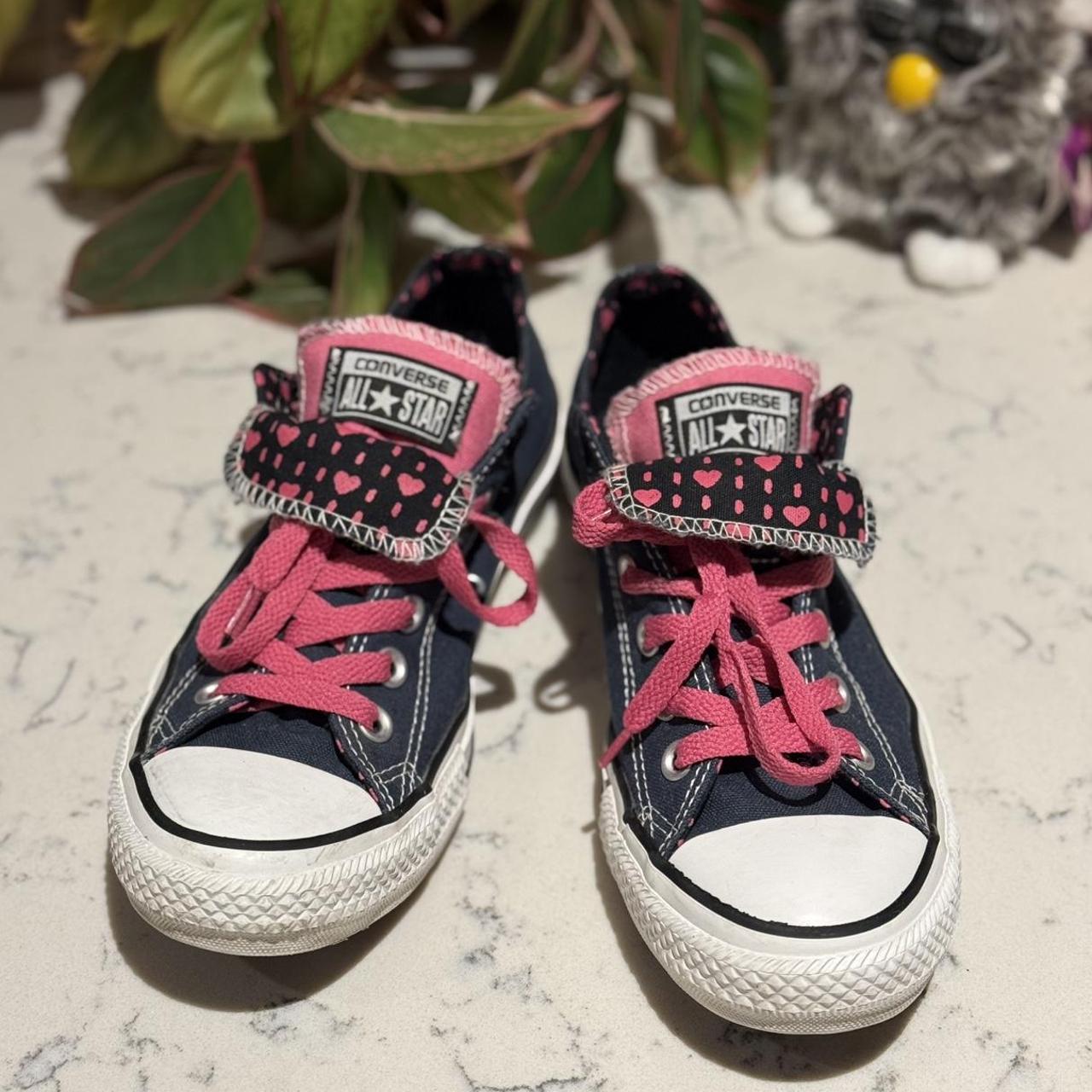 Navy and pink Converse trainers with heart details ... - Depop