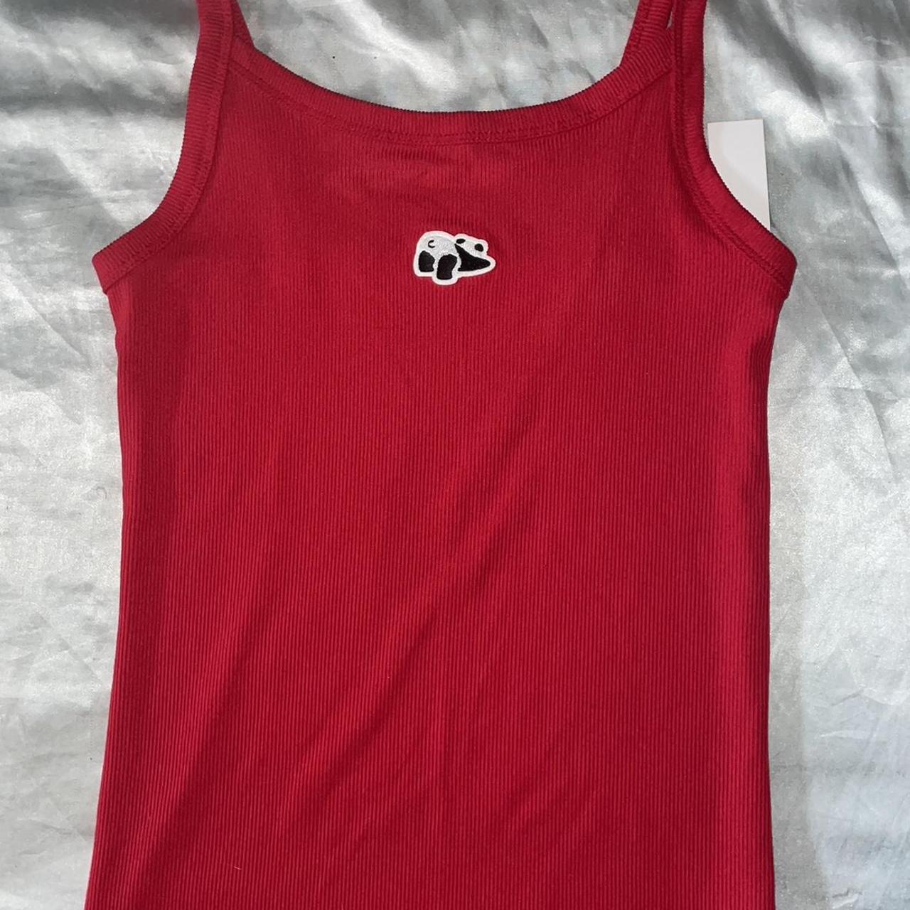 Red ribbed tank top with panda patch New with... | Depop