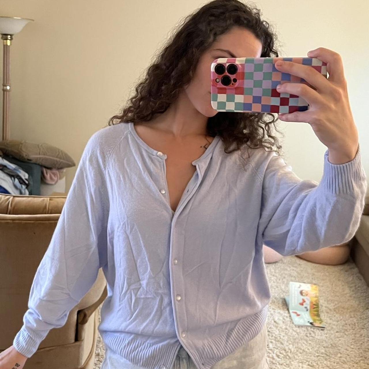 Vintage Baby blue cardigan with a retro vibe , pearl... | Depop