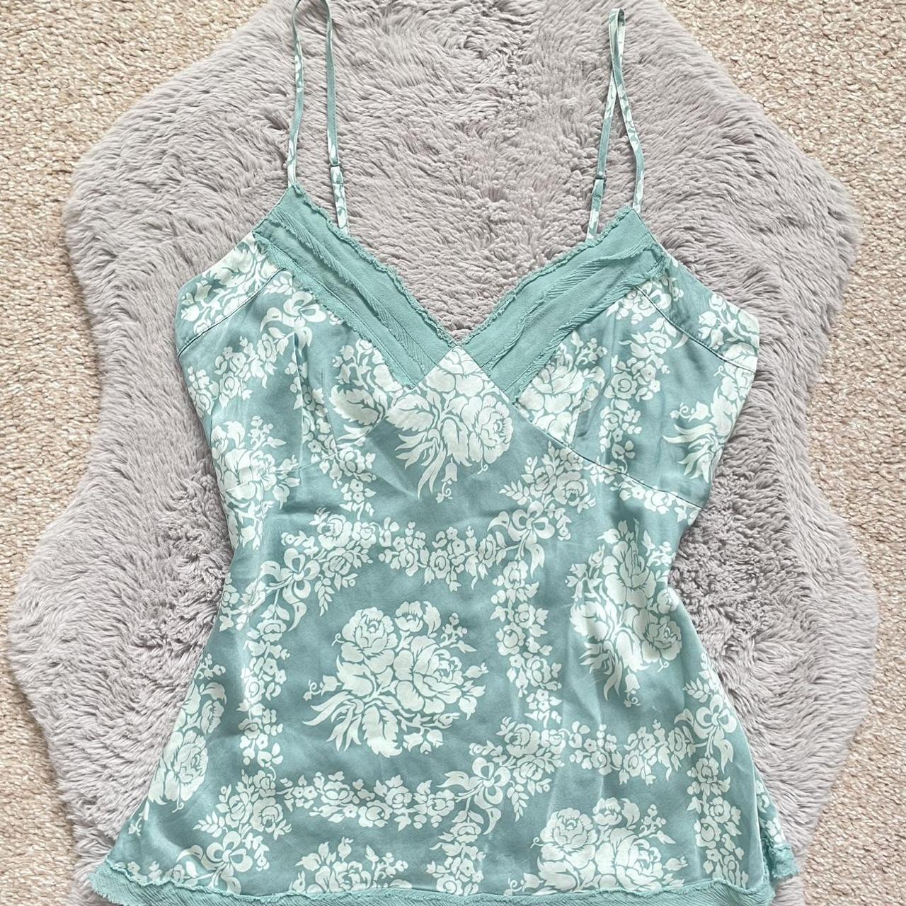 - Warehouse Turquoise Pure Silk Floral Cami Top -... | Depop