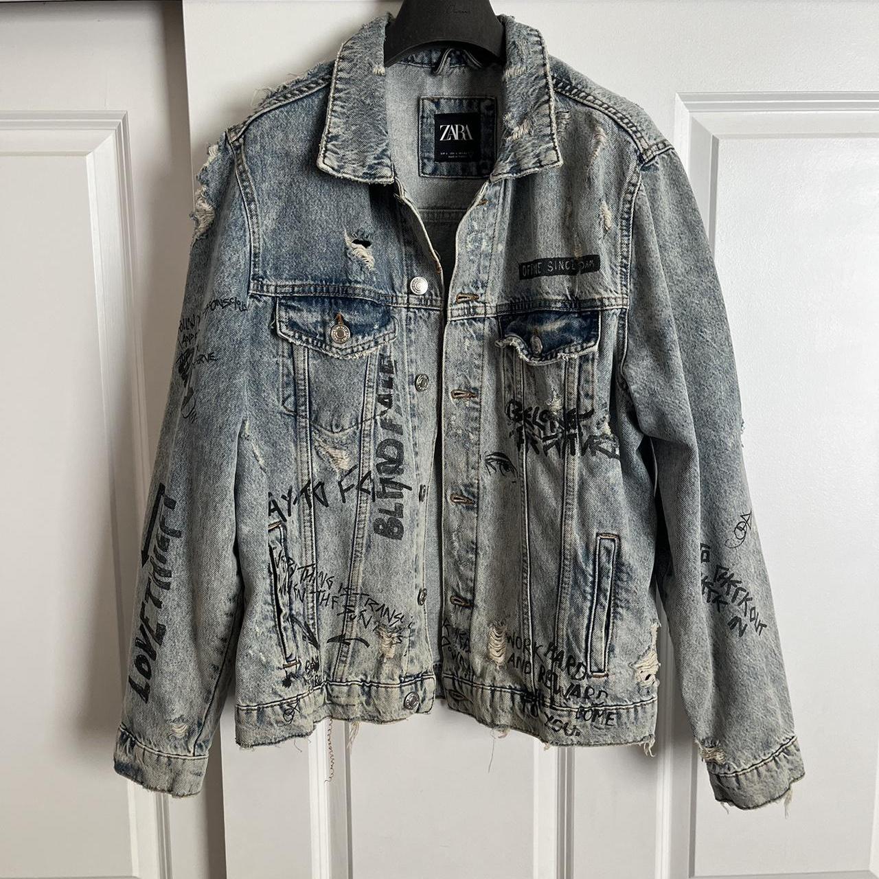 Zara Graffiti Denim Jacket Size L Good Condition... | Depop