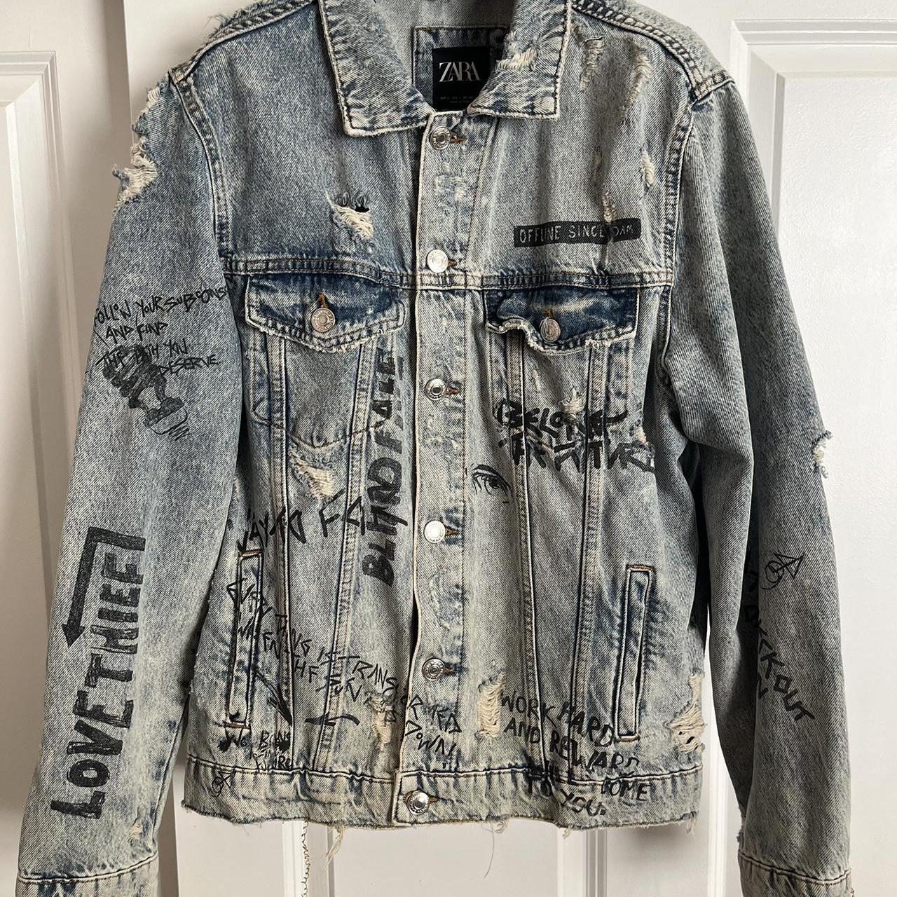 Zara Graffiti Denim Jacket Size L Good Condition... | Depop