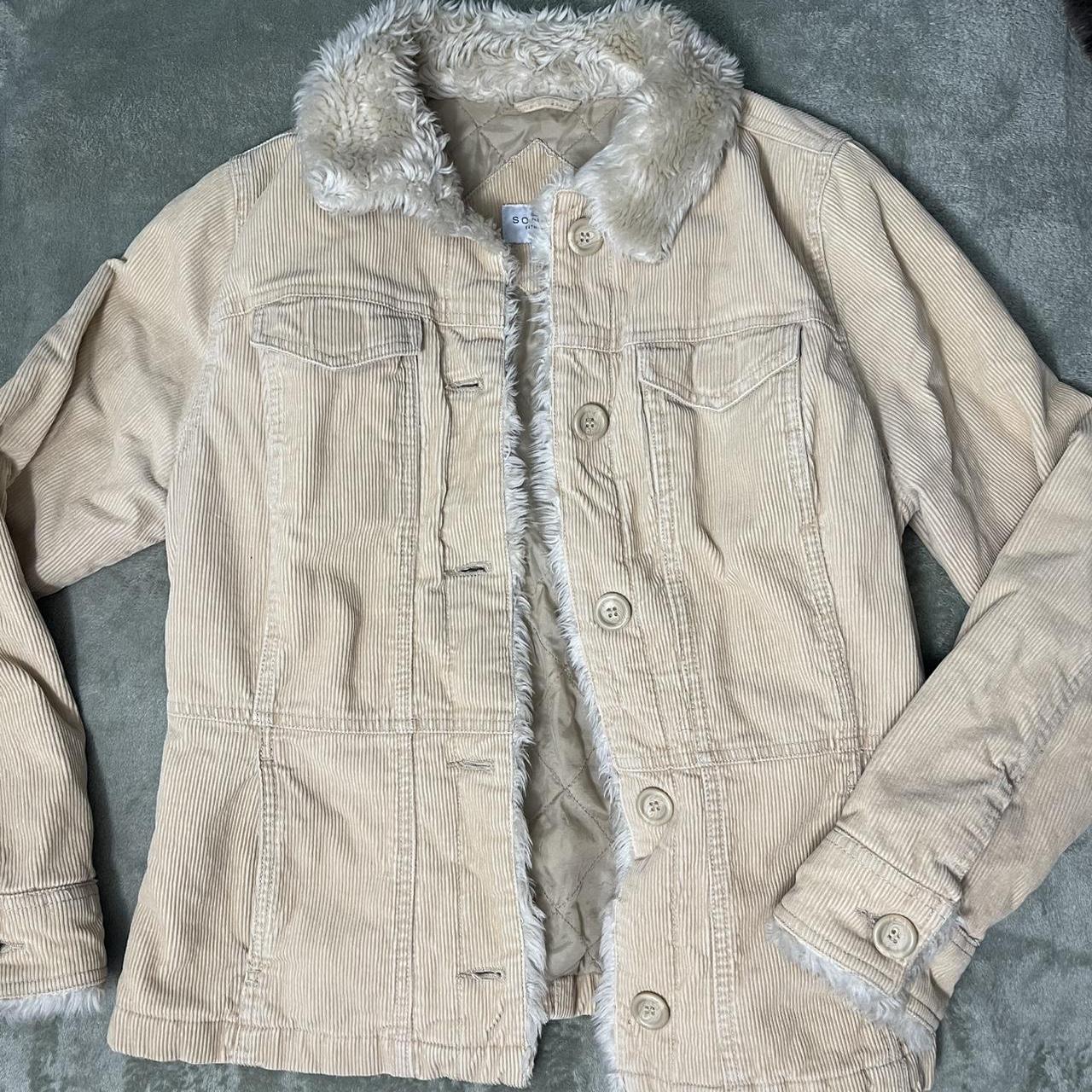 Cream corduroy jacket with faux fur... | Depop
