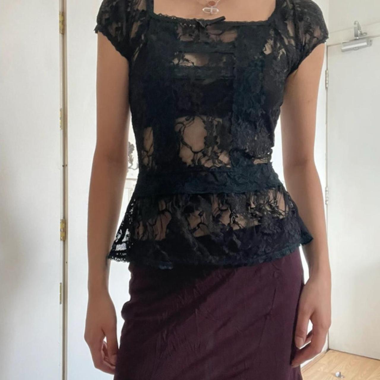 Black lace gothic sheer mesh top with ribbon. Puffy... | Depop
