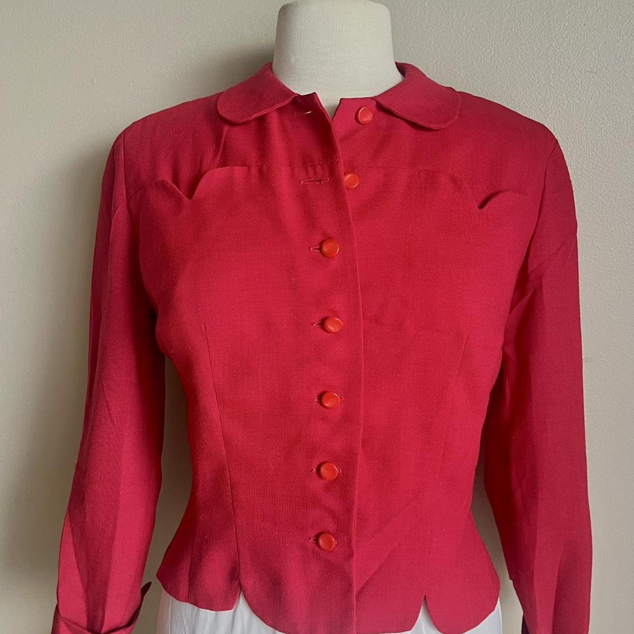 1950s vintage 3/4 button up cherry red blouse with... | Depop