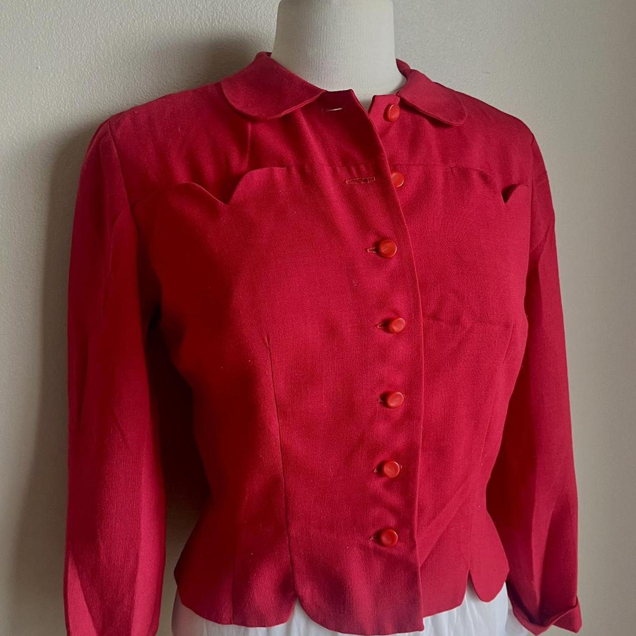 1950s vintage 3/4 button up cherry red blouse with... | Depop