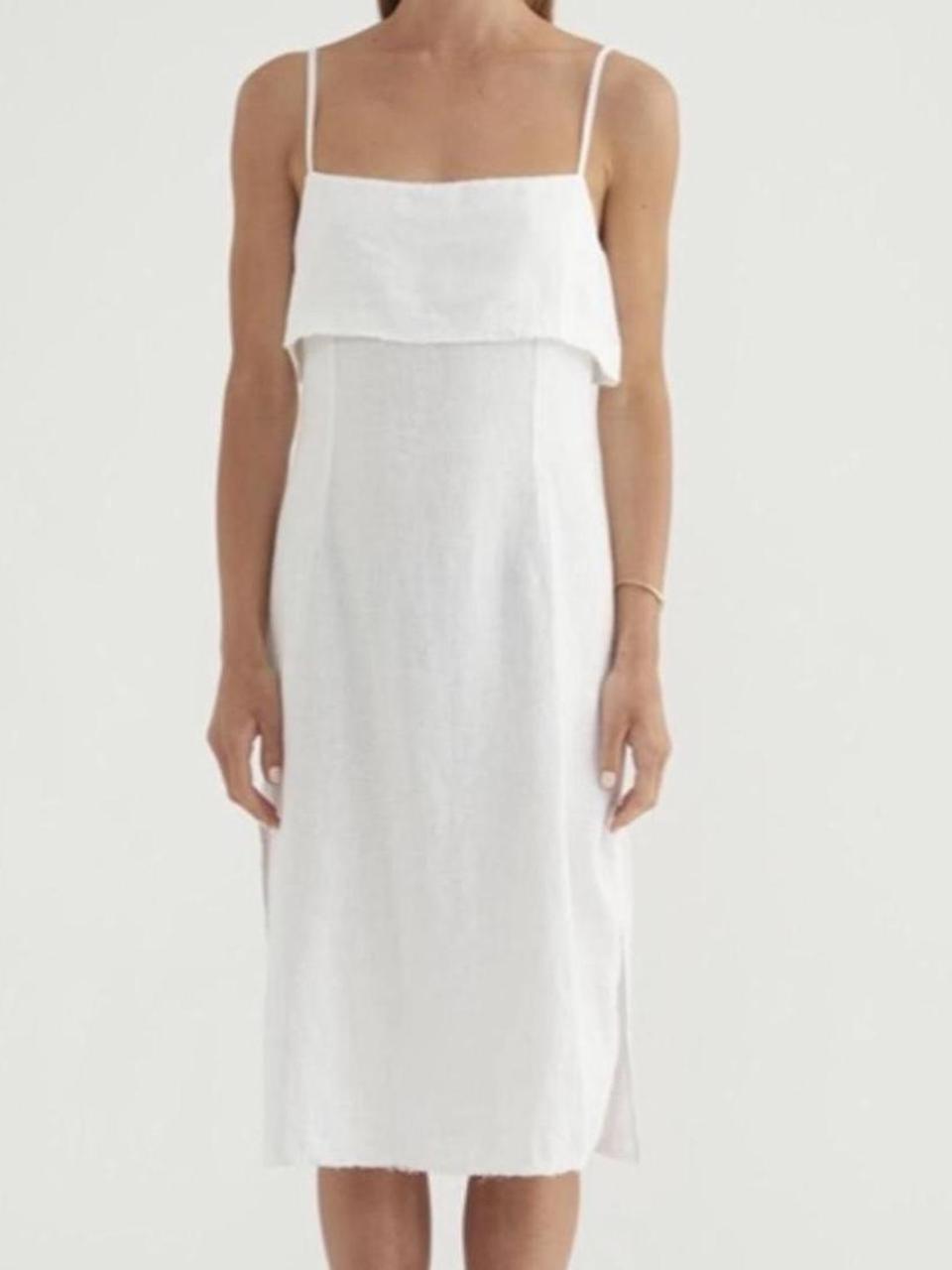 Baby pink venroy linen dress Size xs White pictured... - Depop