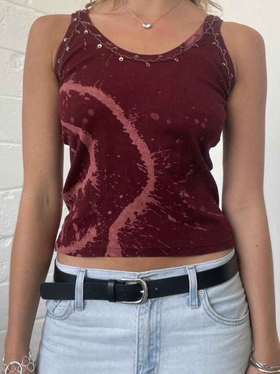 Burgundy tie dye little tank singlet. Sequins around... - Depop